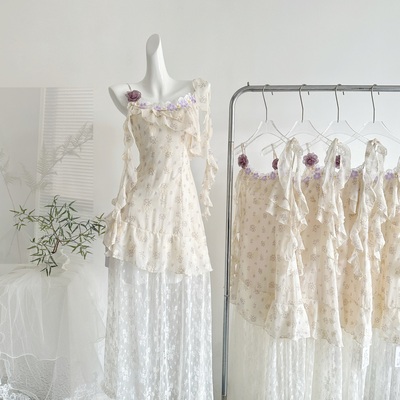 桔梗house 雾紫花语 温柔风刺绣蕾丝拼接吊带长裙夏日穿搭