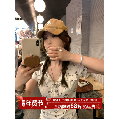 MLS 甜酷少女 kitty印花口袋短袖T恤女夏季V领两穿修身短款上衣
