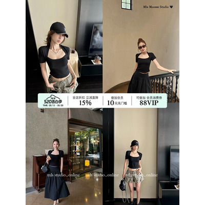 MLS 黑糖直角肩 显瘦天成2026夏季新款女坎肩式大圆领修身黑色T恤