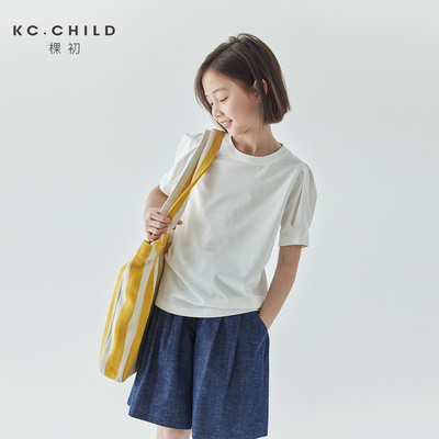 5折/ 棵初春夏中大女童简约纯色泡泡袖短袖T恤百搭亲子款圆领上衣