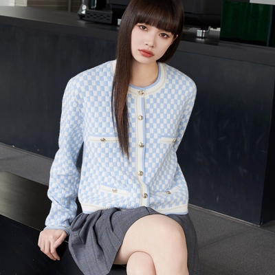 CHESTER CHARLES 23冬季女经100%羊毛蓝格子显白针织外套香港代购