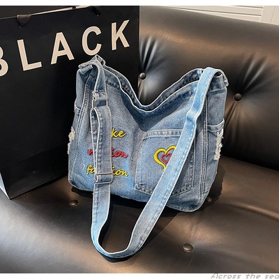 日本代购2026春刺绣牛仔托特包