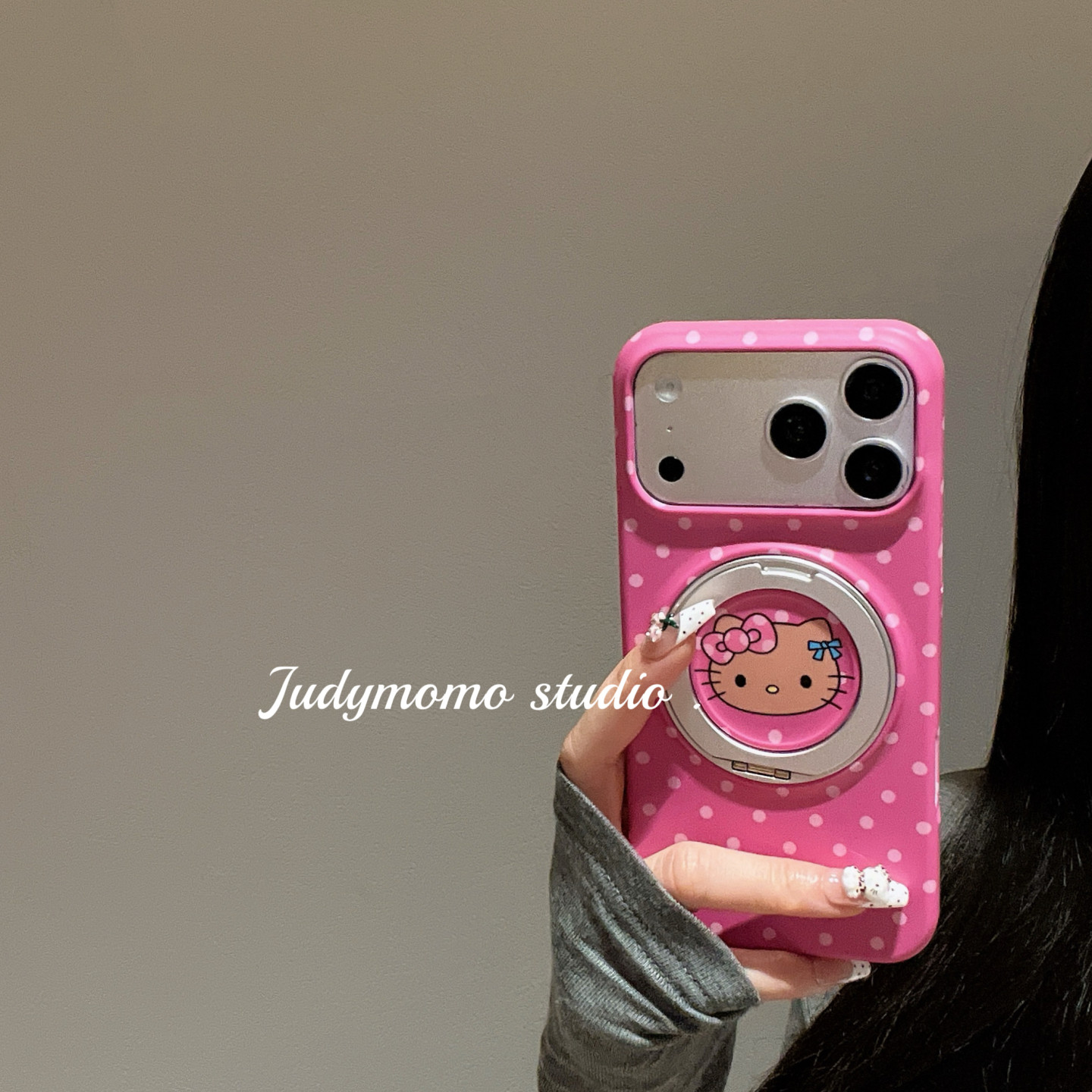 日韩ins俏皮玫红波点kt360旋转支架硬壳适用iPhone17pro苹果iPhone16手机壳新款15pro防摔17promax简约