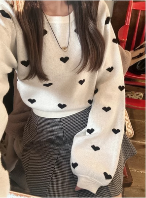 日单GRL圆领爱心针织甜美