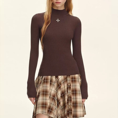 Moses Queen/魔西女王早秋坑条弹力长袖针织打底衫修身内搭上衣女