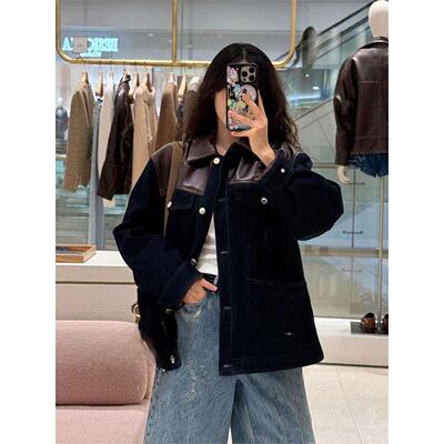 CI代购S家26春夏宽松落肩袖拼皮单排扣牛仔衫短外套SFPBL01255