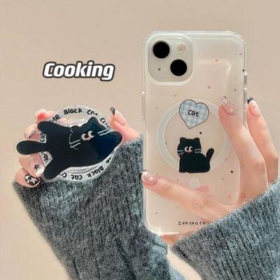 适用meizu18pro魅族21note无界版9可爱趣味波点小黑猫咪6plus/T谷歌20磁吸支架17全包X传音tecno女INFINIXHOT