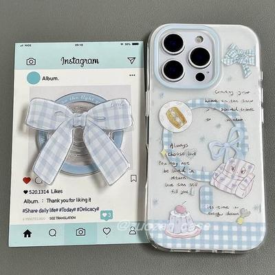 磁吸支架适用华为荣耀100女90华为magic6pro/80GT手机壳70se/X20/30韩风简约蓝格纹蝴蝶结40i+畅玩50plus软女