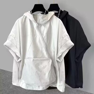 韩版大码300斤胖mm工装立体口连帽短袖t恤夏季斜拉链宽松半袖体gz