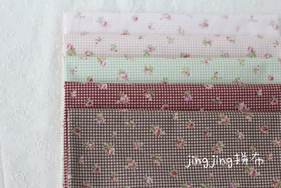 日本进口yuwa纯棉印花布料 格子小玫瑰拼布娃衣面料