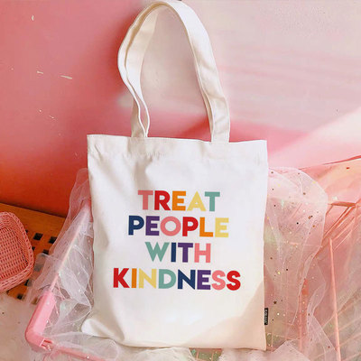 Treat People with Kindness印花帆布包单肩包学生时尚手提购物袋