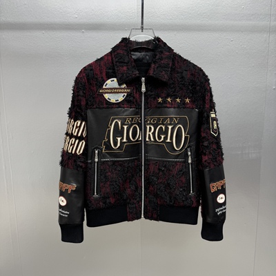 欧货羊皮革拼接翻领男士夹克外套