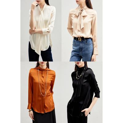 戎美【CY0222461】优雅通勤弹力真丝飘带长袖衬衫上衣女