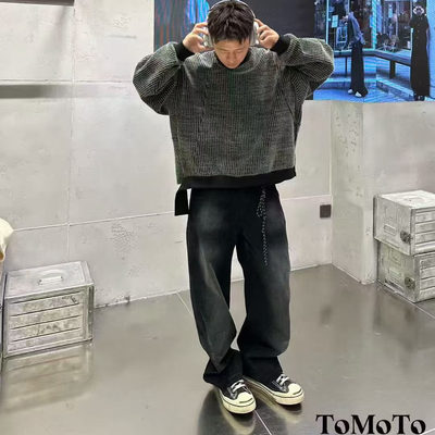 条纹针织卫衣男加绒加厚宽松套头