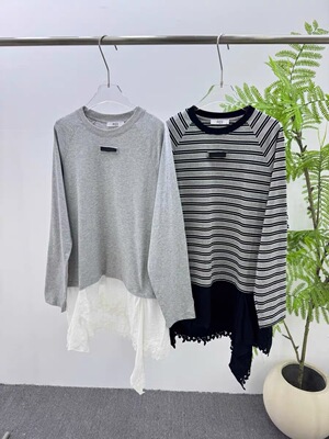 欧洲站2026春PH23时尚百搭圆领长袖拼接蕾丝宽松休闲T恤上衣4965