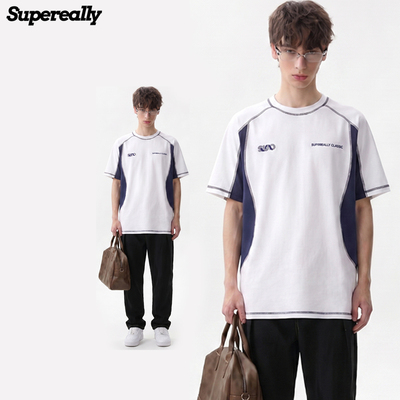 Supereally 美式运动风拼接撞色插肩袖宽松百搭休闲男女同款上衣