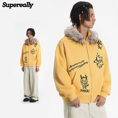 Supereally趣味印花logo美式学院风毛领座山雕连帽百搭风开衫卫衣