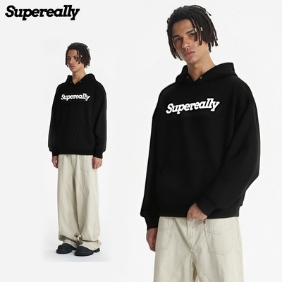 Supereally 美式简约基础刻字膜印花连帽套头卫衣宽松情侣帽衫男