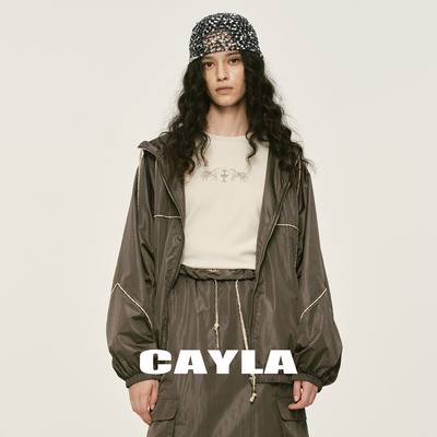 拼接串珠抽绳拉链休闲薄连帽外套