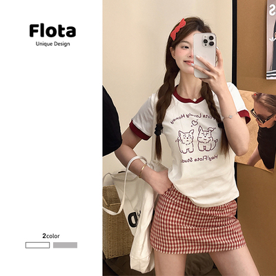 【flota】趣味卡通小狗印花撞色圆领短袖休闲百搭减龄上衣女1396