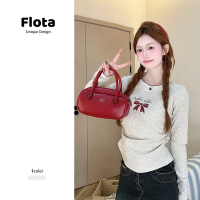 【flota】波点蝴蝶结正肩内搭长袖T恤女日系ins风收腰短上衣3024