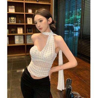 纯欲风独特小众网纱带胸垫吊带背心法式轻熟风设计感修身挂颈上衣