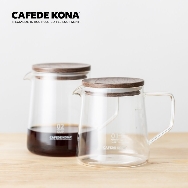 CAFEDEKONA 咖啡分享壶家用手冲咖啡玻璃壶带把带盖胡桃木分享壶