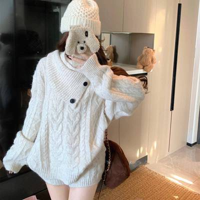 小个子围脖毛衣一整套搭配女冬季复古麻花松弛感针织衫短裤三件套