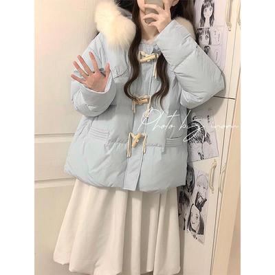 300斤大尺码胖mm学院风大毛领韩系棉服女减龄可爱蓝色加厚冬装外