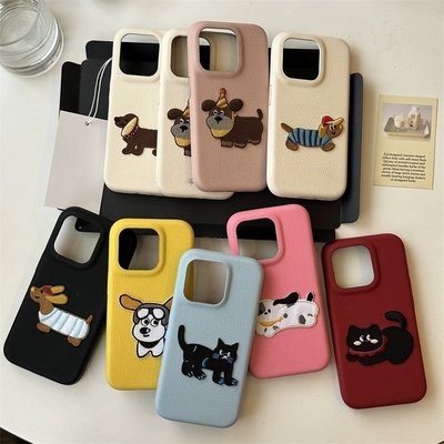 立体可爱刺绣狗适用vivo S19/S18e/X100s手机壳x90/x80/x200荔枝纹x60/Y100i/Y36软壳s17pro纯色Y35/Y78/y70S