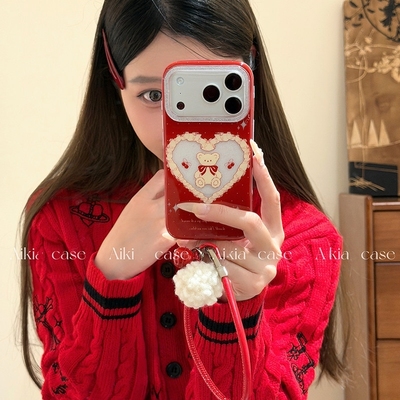 红色爱心小熊适用NOthing 2A/3手机壳2谷歌Pixel9/10PRO/87新年红Pmote edge60pro毛绒铃铛56华硕ROG9/54全包