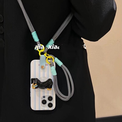 可爱腊肠狗支架适用S20三星S23ultra手机壳A55/Note20软A22 5G/A53/A54斜挎绳S10硅胶s24手提绳S24FE旅游S21+