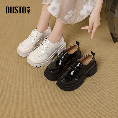 大东乐福鞋女鞋2026春季新款简约粗跟中跟系带圆头Q0632