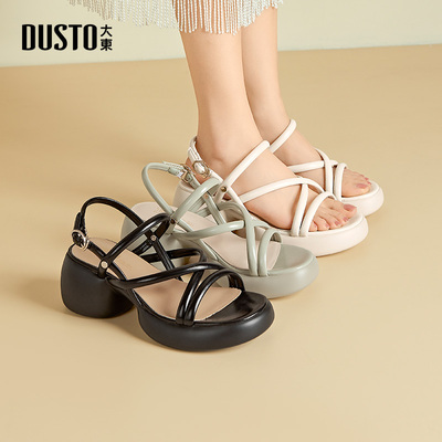 大东一字带凉鞋女鞋2025夏季新款简约粗跟高跟一字扣光板X0132