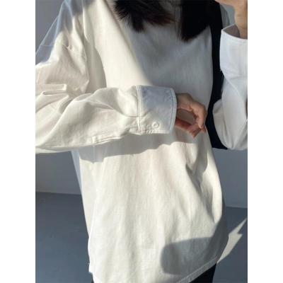 春季白色t恤女秋冬中长款衬衫袖叠穿内搭打底衫加绒加厚圆领0116h