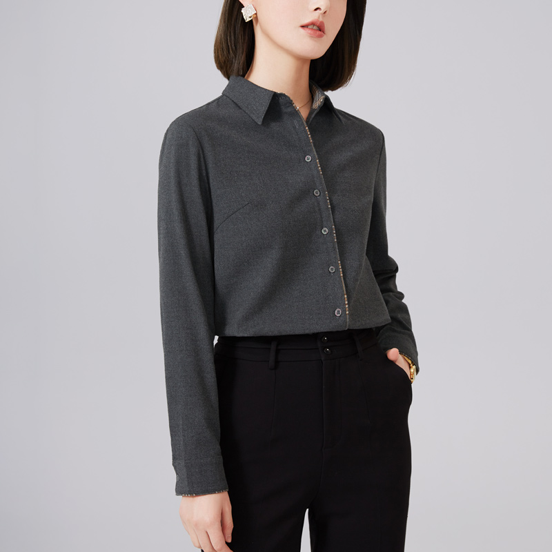 灰色磨毛衬衫女长袖春秋2022年新款内搭叠穿衬衣气质百搭职业上衣_虎窝淘