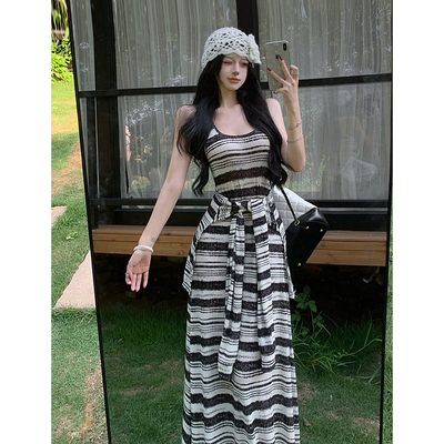 实拍春夏新款轻熟风条纹绑带无袖背心裙长裙女收腰显瘦松弛感度假