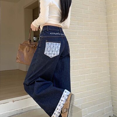 美式字母刺绣蝴蝶结拼接牛仔裤女春季2025新款高腰阔腿拖地长裤子