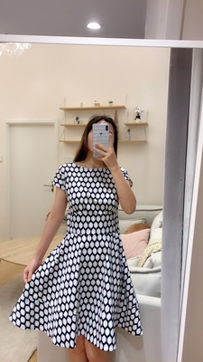 波点休闲拼接修身一字领连衣裙显瘦显高棉短连衣裙