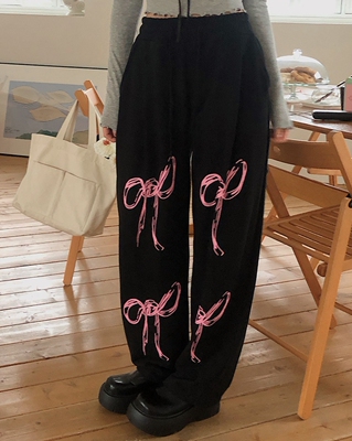 松紧腰卫裤大蝴蝶结印花