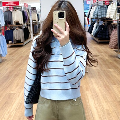 春季女装柔滑棉质POLO领条纹针织衫休闲毛衣毛衫484503/482971