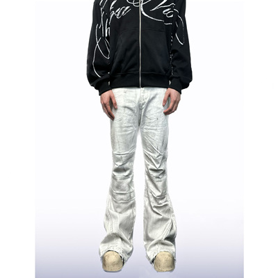 CandyCash 26SS 14oz白脏染涂层百褶裁剪磨毛流苏微喇男女牛仔裤