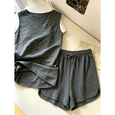 极简麻灰背心套装自带胸垫休闲宽松减龄透气女士家居服两件套装