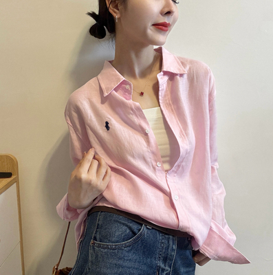 欧洲站2026春季简约POO领精致小标刺绣衬衣百搭长袖休闲衬衫上衣