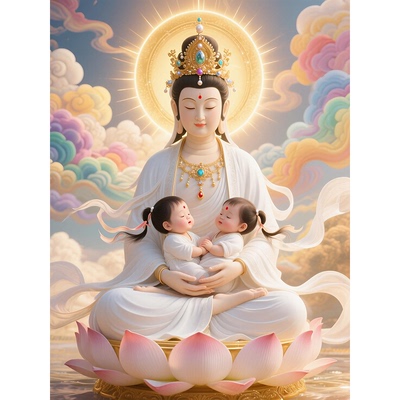 送子观音菩萨双胞胎求子送子男宝中式卧室客厅装饰海报自粘画壁画