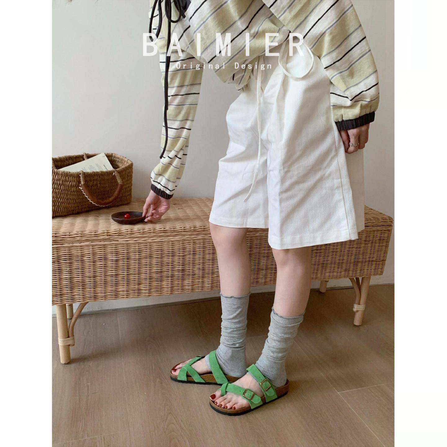 真皮~软木厚底勃肯一字凉拖鞋女夏季外穿大尺码41到44夹趾罗马凉