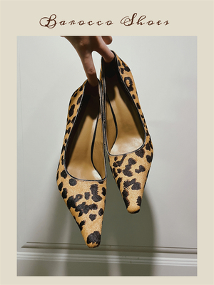 复古尖头高跟豹纹女单鞋小众真皮浅口vintage中古女单鞋