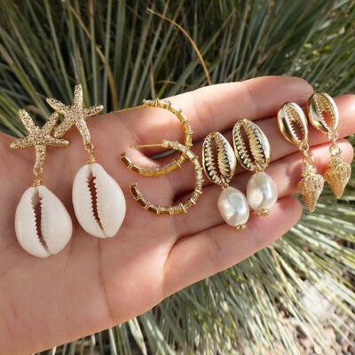 Shell pearl conch starfish stud 4 pairs earrings贝壳海螺戒指