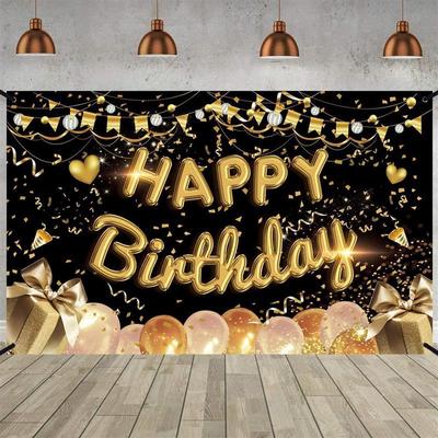 Happy Birthday Backdrop Banner Large Black Gold Balloon Star