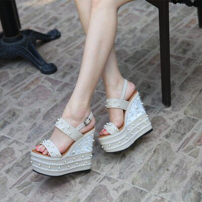 新款松糕底16厘米超高跟婚宴礼服走秀百搭凉鞋珍珠装饰13cm定制女